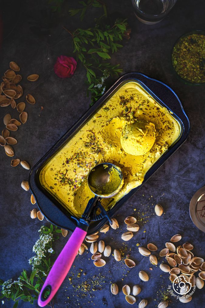 Kesar Pista Ice Cream - No Churn, Eggless (Step By Step + Video Recipe ...